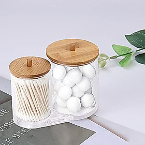 JIEQIJIAJU Cotton Swab Pads Holder, Acrylic Qtip Dispenser 2 Compartment Canisters with Bamboo Lids Cotton Round Holder Cotton Ball Buds Container Clear Apothecary Jars for Bathroom Storage Canister