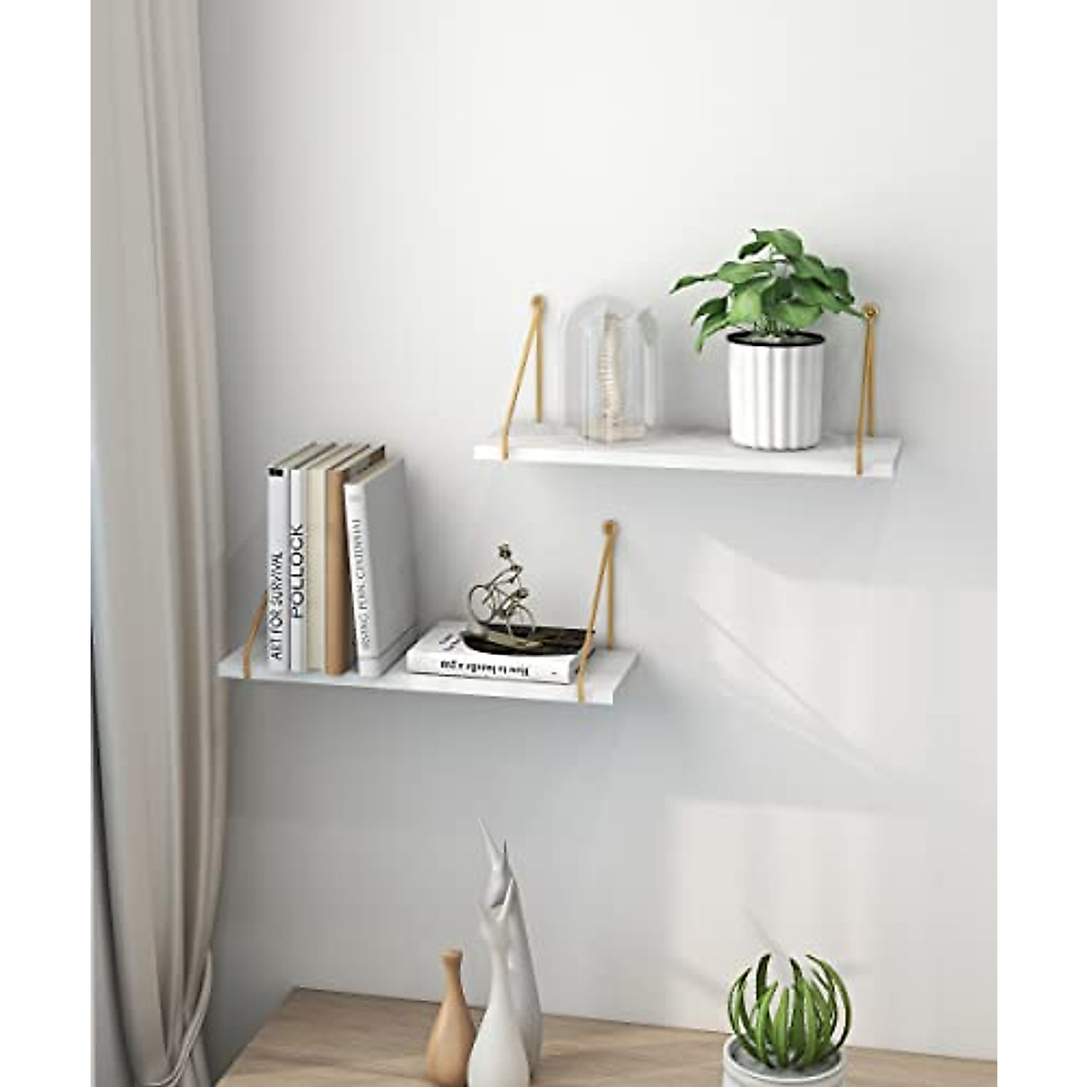 Afuly Floating Shelves Rustic Wall Shelves, Metallic Gold White Wall Mounted Shelves, Wall Hanging Storage for Bathroom Kitchen Bedroom, Wood Metal Chic Wall Bookshelf, Set of 2…