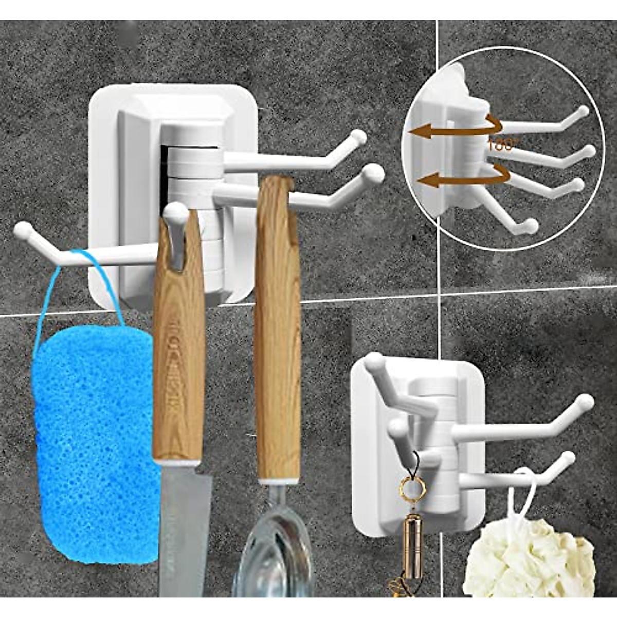 Fineget Wall Adhesive Hooks for Hanging Bathroom Kitchen Door Hooks 4 Rotatable Arms Round Heavy Duty Hooks White 2 Pairs