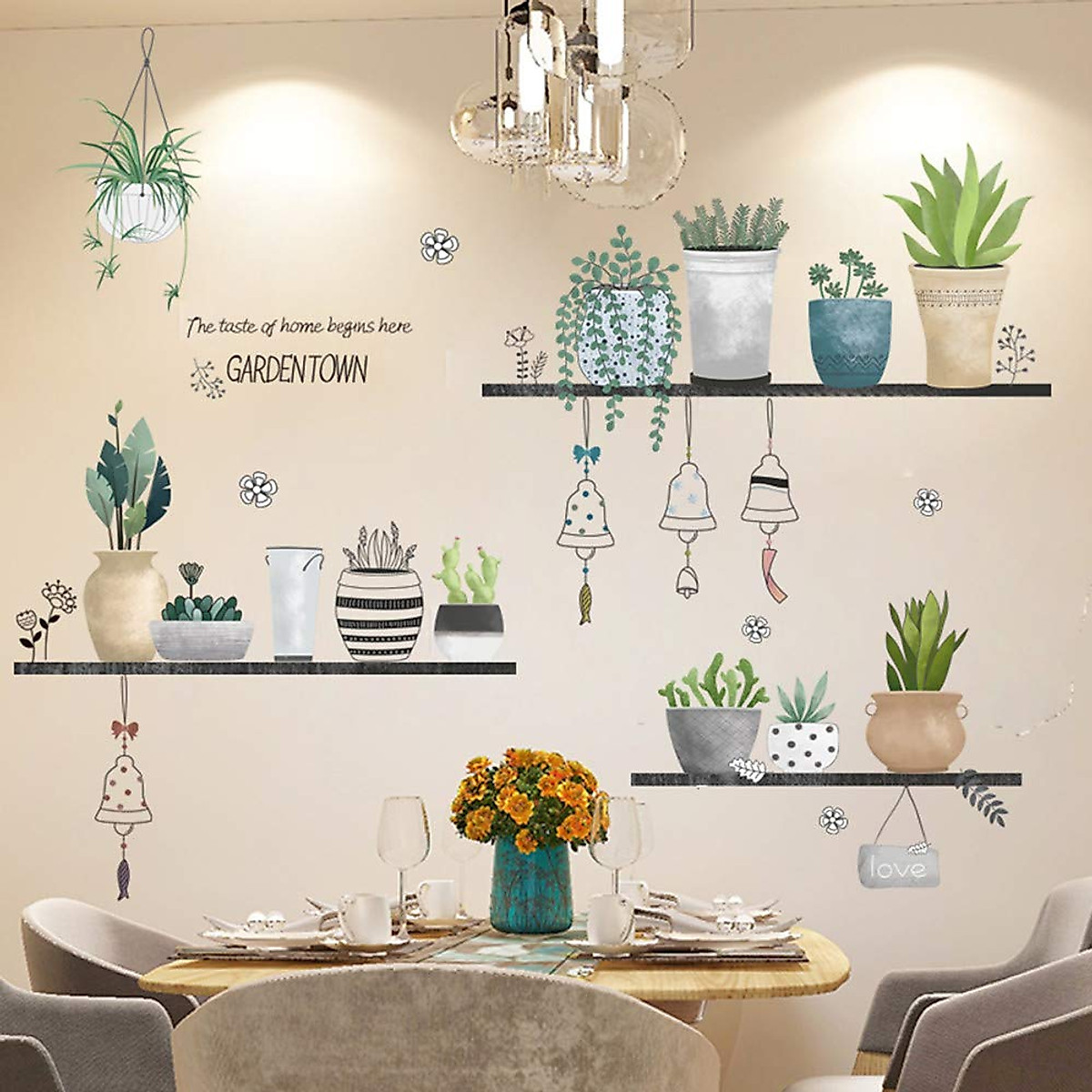 Green Pot Plants Leaves Wall Decals Wall Stickers for Bedroom Leaf Wall Mural as Wall Decor for Living Room | 90cm x 180cm Removable Stickers for Home Walls Decoration as Housewarming Birthday Gift