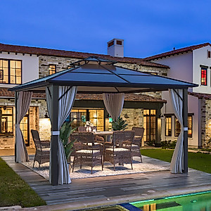 MELLCOM 12'x12' Hardtop Gazebo with Polycarbonate Double Roof, Aluminum Frame Outdoor Gazebo Permanent Pavilion with Curtains and Netting for Patio, Lawn & Garden