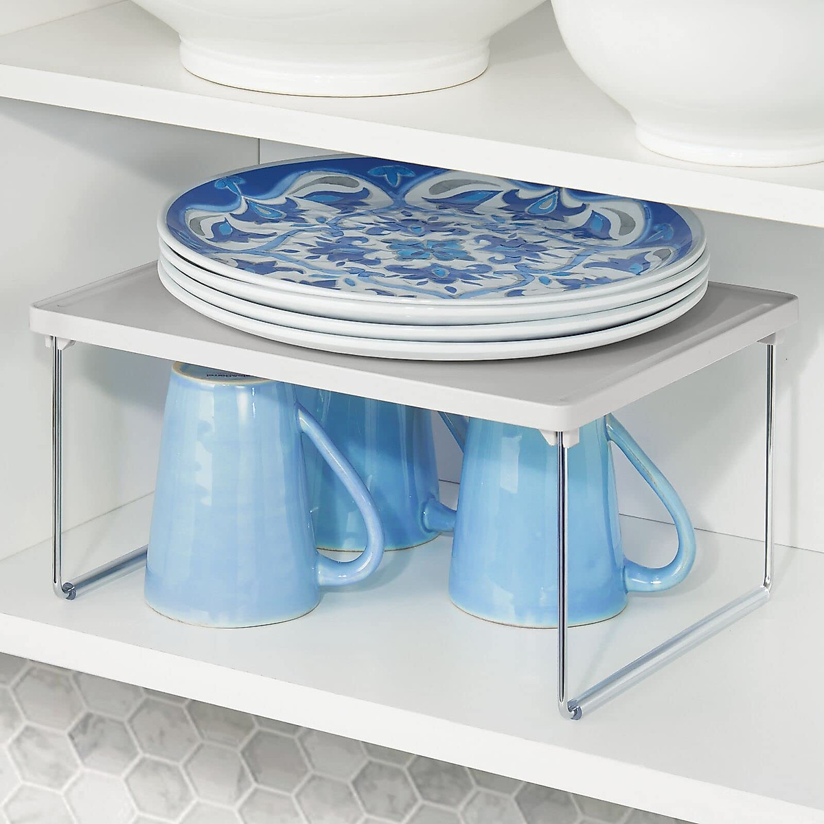 mDesign Metal Stacking Storage Organization for Shelves Inside Cabinets in Kitchen, Pantry, Cupboard, or Fridge/Freezer - Organizer Stand for Food, Plates, Bowls, Mugs, Ligne Collection - Stone Gray