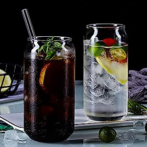 Tronco Beer Can Glasses with Bamboo Lid and Glass Straws 6pcs Set, 20oz Glass Cups Shaped Drinking Glasses,Iced Coffee Glasses, Ideal for coffee, Tea, Soda