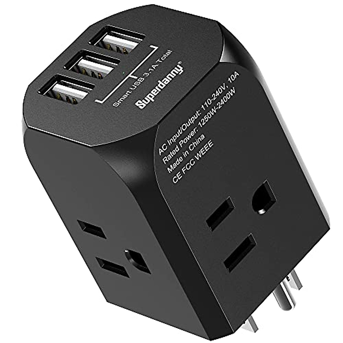 Wall Plug Outlet Extender, SUPERDANNY Outlet Splitter with 4 Electrical Outlets & 3 USB Ports Extra-Wide Spaced Cube Charger, Cruise Ship Approved Wall Plug Charger for Home Office Dorm Hotel, Black