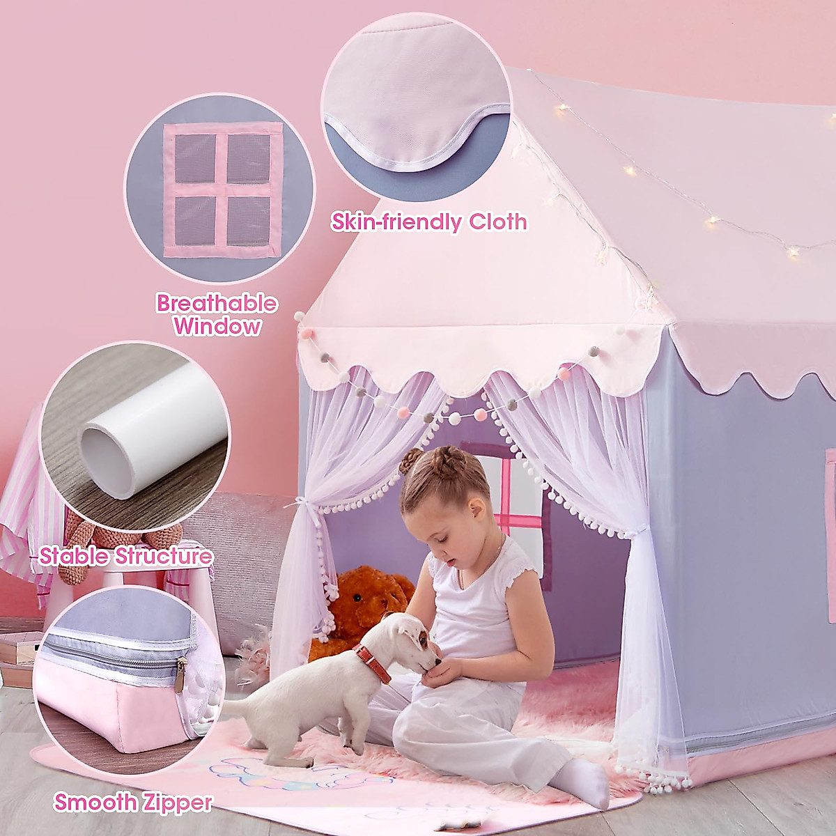 HAHASOLE Large Play Tent with Lights, Kids Tent Large Toddler Playhouse Indoor Outdoor, Princess Castle Tent with Windows, Kids Play Tent for Boys Girls, Great Gift