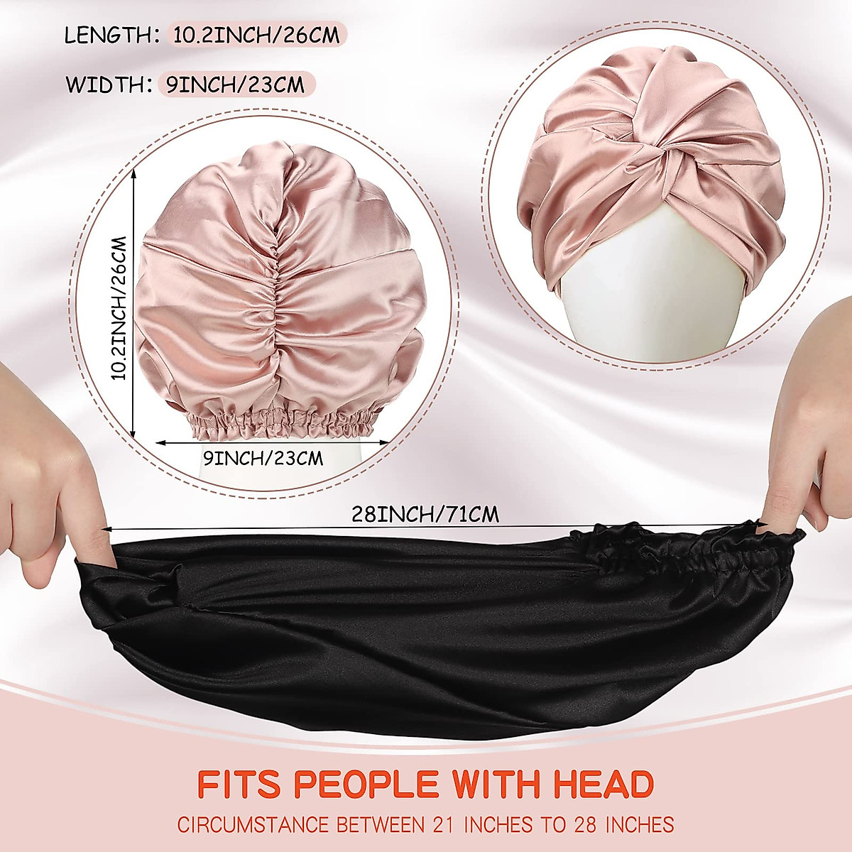 3 Pieces Silk Hair Wrap for Sleeping Women Bonnet Silk Sleeping Bonnet Elastic Hair Care Sleep Cap for Natural Curly Hair (Champagne, Black, Rose Gold)