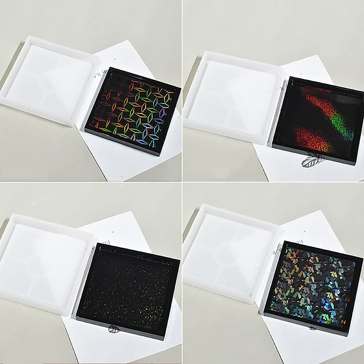 4Pcs Holographic Resin Silicone Mold Set for Coasters,DIY Rainbow Light Cups Mat Epoxy Casting Mold for Home Table Decoration (Square)