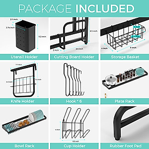 Over Sink Dish Drying Rack, Trustmade 3 Tier Full Stainless Steel Large Storage Adjustable Dish Rack (23.5''-36.6''), Expandable Kitchen Dish Drainer Shelf Rack with Hooks, Utensil Holder(Matte Black)