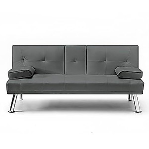 Anwick Modern Leather Futon Sofa Bed,Convertible Folding Couch Recliner Sleeper Loveseat for Small Space,Apartment,Office,Dorm,with Cup Holders and Removable Armrest (Gray-New)