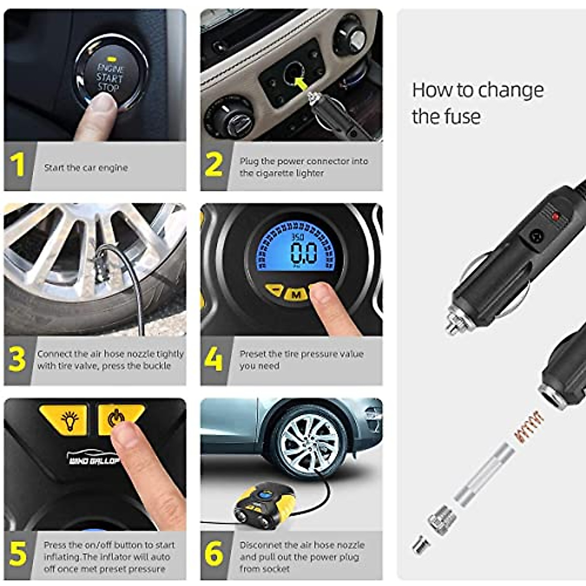 WindGallop Digital Car Tire Inflator Portable Air Compressor for Car Tire Pump Automatic 12v Electric Car Air Pump for Car Tires with Tire Pressure Gauge Valve Adaptors LED Light Yellow