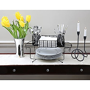 HOME DISTRICT Buffet Caddy for Plates, Utensils, Napkins 2 Tier Silverware Holder Dinner Plate Holder, Black Metal with Scroll Design
