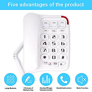 Large Button Phone for Seniors, Loud Ringer, One-Touch Dialing. Amplified Corded Phone with Speakerphone for Elderly Home Landline Phones, No Need to use Batteries.