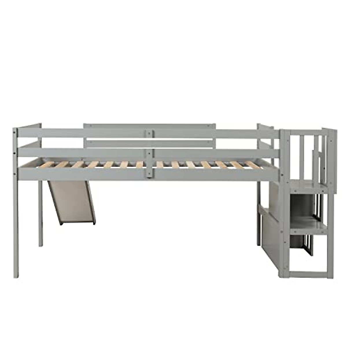 HABUHOME Loft Bed with Staircase, Storage, Slide, Twin Size, Full-Length Safety Guardrails, No Box Spring Needed, Grey