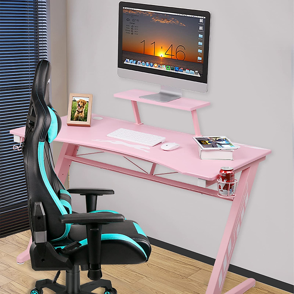 ErgoDesign Gaming Desk with Z Shaped Legs, Professional Game Work Station, PC Gamer Table with Stand Cup Holder & Headphone Hook (White/Pink)
