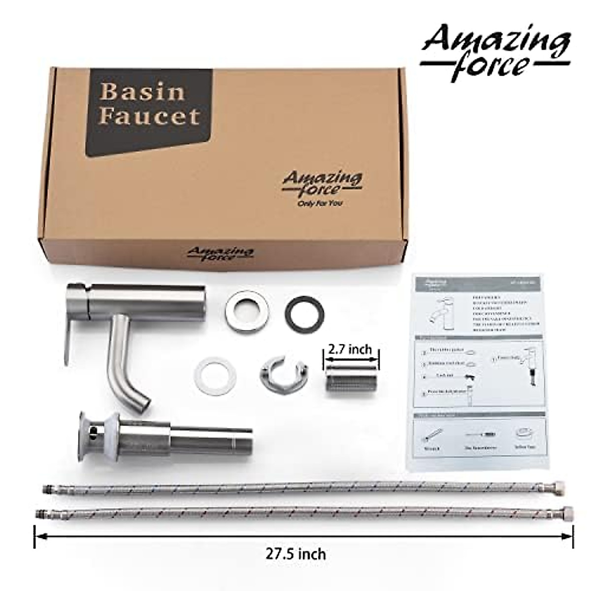 AMAZING FORCE Single Handle Bathroom Faucet Brushed Nickel Bathroom Sink Faucet Single Hole with Pop Up Drain Assembly 1.2 GPM