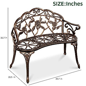 Payhere Garden Benches for Outdoor, 39.7 in Antique Designed Metal Rose Carving Front Porch Bench, Cast Iron Cast Bronze Frame Antique Finish, Durable Patio Park Decor Leisure Bench for 2 Person Seat