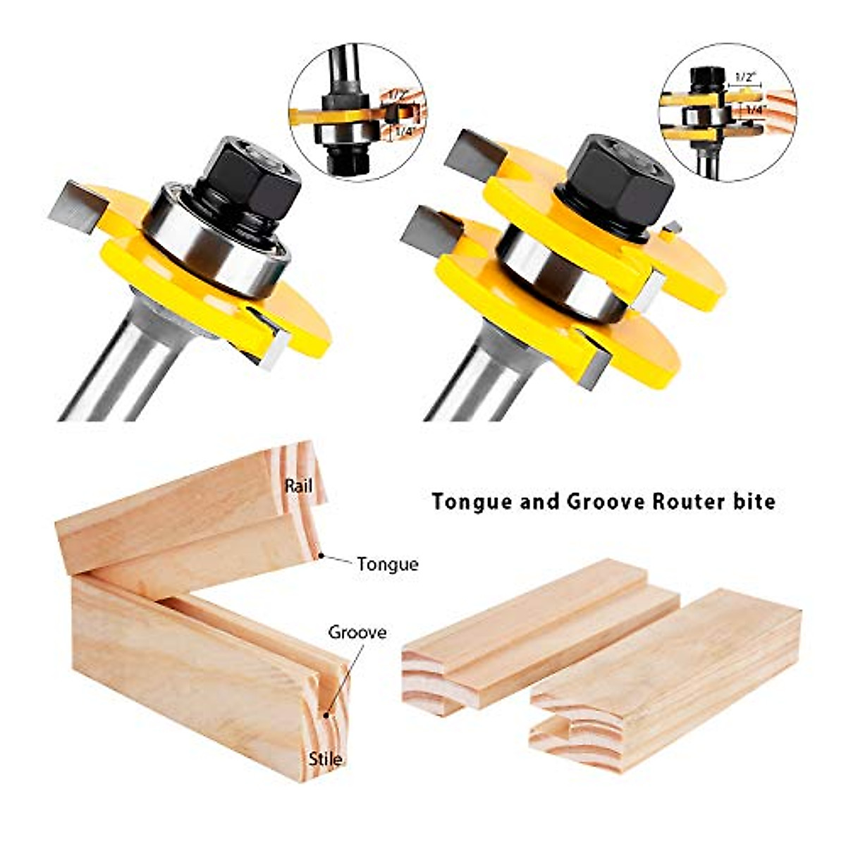 KOWOOD Tongue and Groove Set of 2 Pieces 1/2 Inch Shank Router Bit Set 3 Teeth Adjustable T Shape Wood Milling Cutter