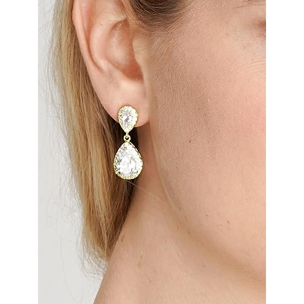 Mariell Gold Cubic Zirconia Crystal Teardrop Dangle Bridal and Wedding Earrings, CZ Jewelry for Brides, Bridesmaids, Homecoming, Prom and Dressy Everyday Wear
