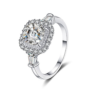 Moissanite 3 Stone Engagement Rings for Women, 2.0 Carat Moissanite Rings Solid Sterling Silver with 18K Gold Plated Chamfer Asscher Trapezoid Cut 3 Stone Anniversary Rings for Women D Color VVS1,