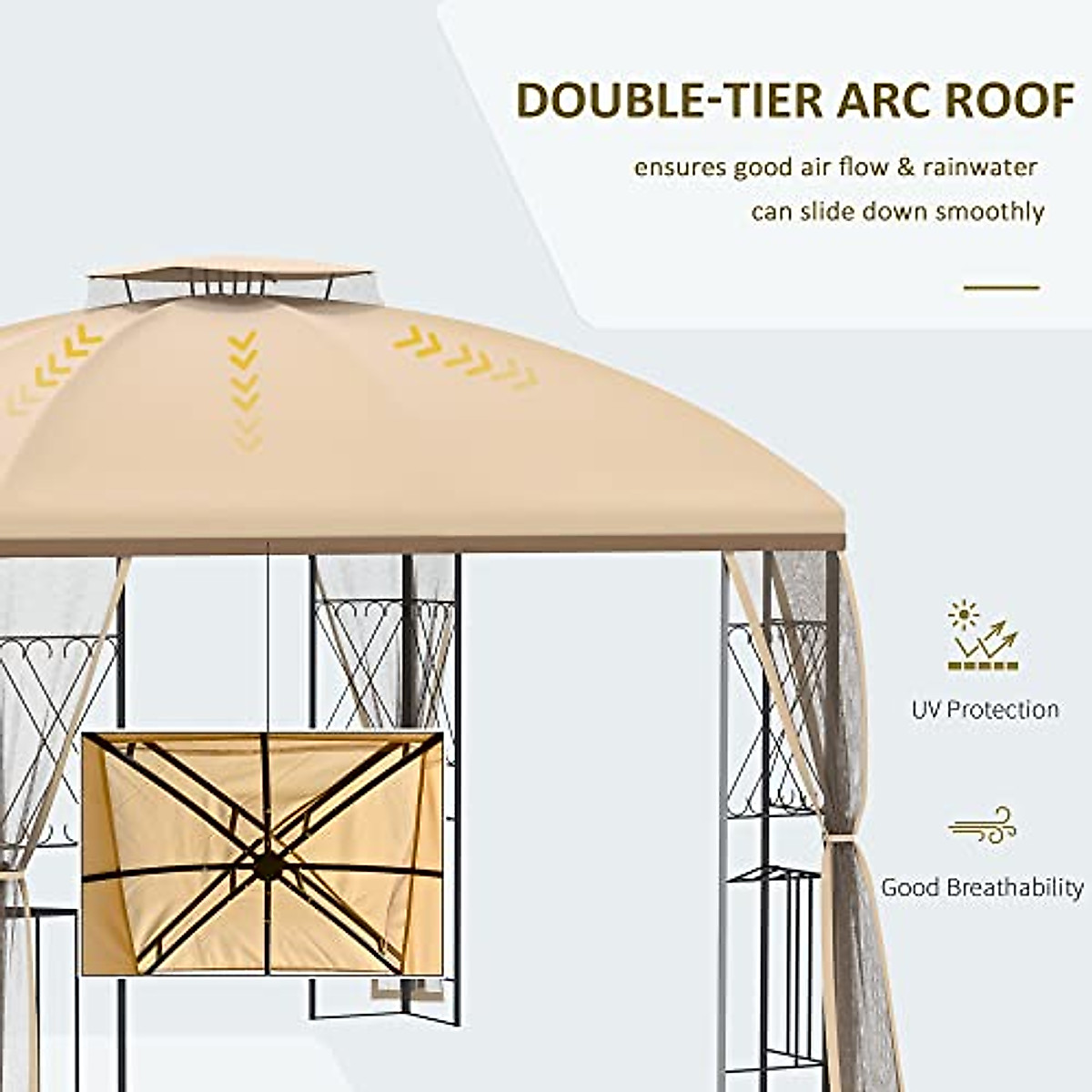 Outsunny 10' x 10' Patio Gazebo with Corner Shelves, Double Roof Outdoor Gazebo Canopy Shelter with Removable Mesh Netting, for Garden, Lawn, Backyard and Deck, Beige
