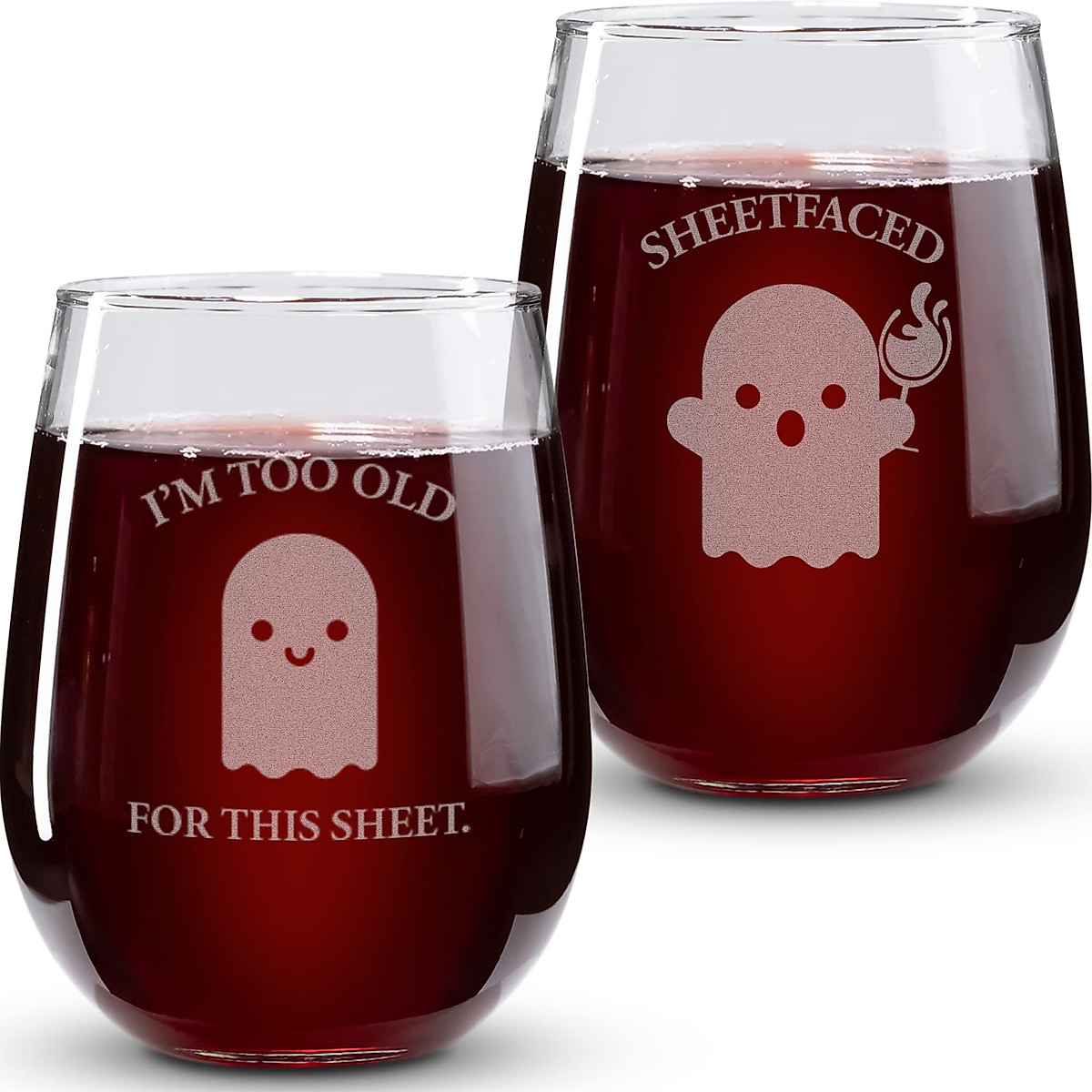 On The Rox Drinks Halloween Wine Glass Gifts for Women - I'm Too Old For This Sheet Sheet Faced 2PC Wine Glass Set - Halloween Cups, Halloween Tumbler, Drinking Glassware - Spooky Ghost Gifts