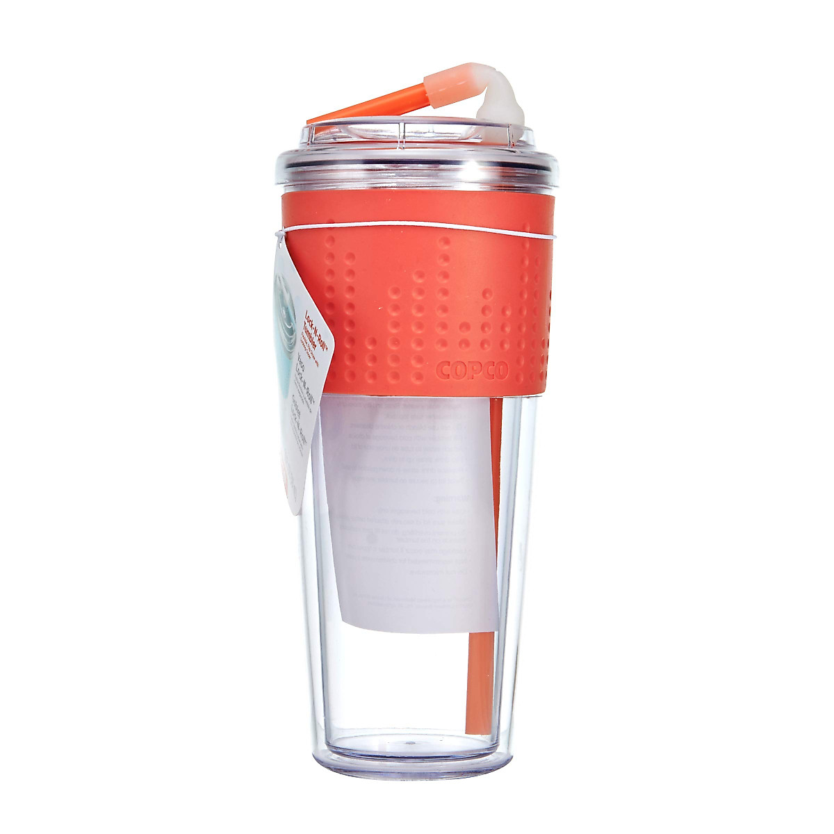 Copco Lock-n-Roll Double Wall Tritian Spill-Proof Tumbler with Soft Grip Sleeve and Patented Flip Up Straw, 20-Ounce, Coral
