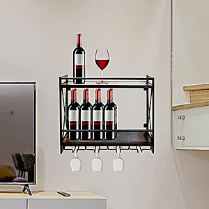 Farmhouse Wall Mounted Wine Rack, Industrial Vintage Hanging Wine Shelf, 2-Tier Solid Wood Wine Rack with Stemware Glasses Holder, Multipurpose Storage Display Shelf for Kitchen Living Room Cafe Bar