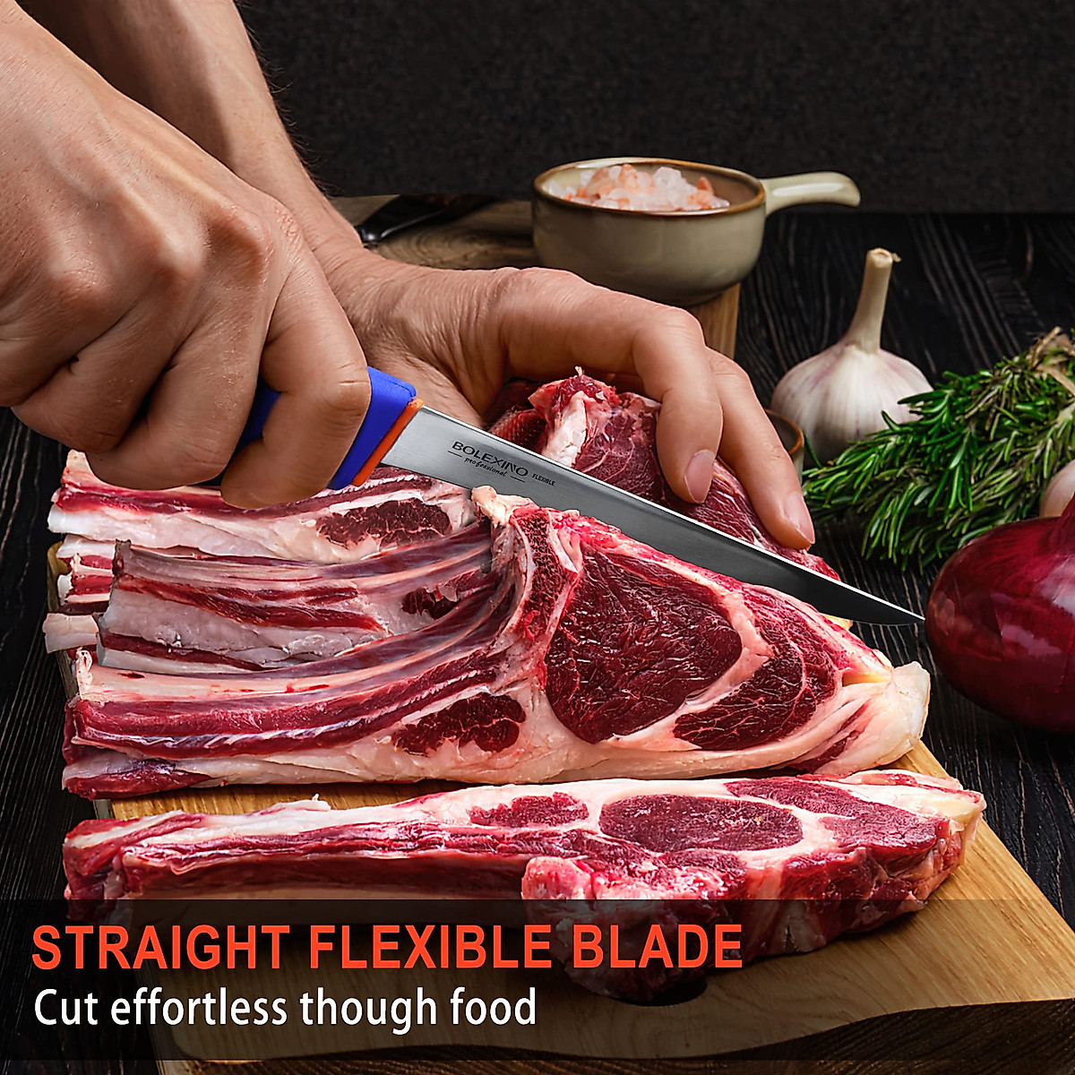 BOLEXINO 6 Inch Boning Knife, Flexible Straight Blade Processing Knife, Super Sharp Fillet Knife, German Stainless Steel Chef Knife W/Non-slip Softgrip, Prep Chicken & Fish with Ease (Blue)