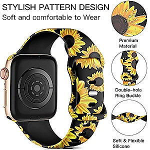 Lerobo Compatible with Apple Watch Bands 41mm 40mm 38mm Women Girls Fancy Cute Floral Silicone Printed Fadeless Pattern Replacement Sport Bands for iWatch SE Series 8 7 6 5 4 3 2 1,Black Sunflower S/M