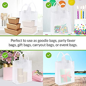 Prime Line Packaging - 8x4x10 Inch 100 Pack Plastic Bags with Handles, Small Gift Bags, Shopping Bags for Small Business, Clear Frosted White in Bulk for Boutiques, Retail Stores, Gifts & Merchandise