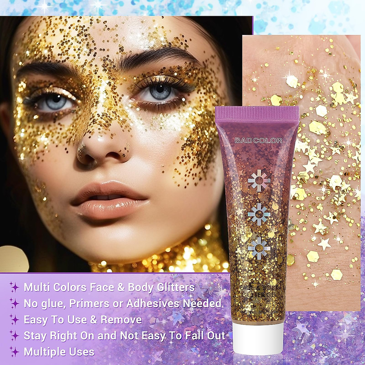 BADCOLOR Gold Face Body Glitter Gel, Holographic Shimmer Chunky Glitters Makeup for Hair Nails Eye Lips, Music Festival Concert Rave Accessories Party, Long Lasting Sparkling Mermaid Sequins Gel Kit