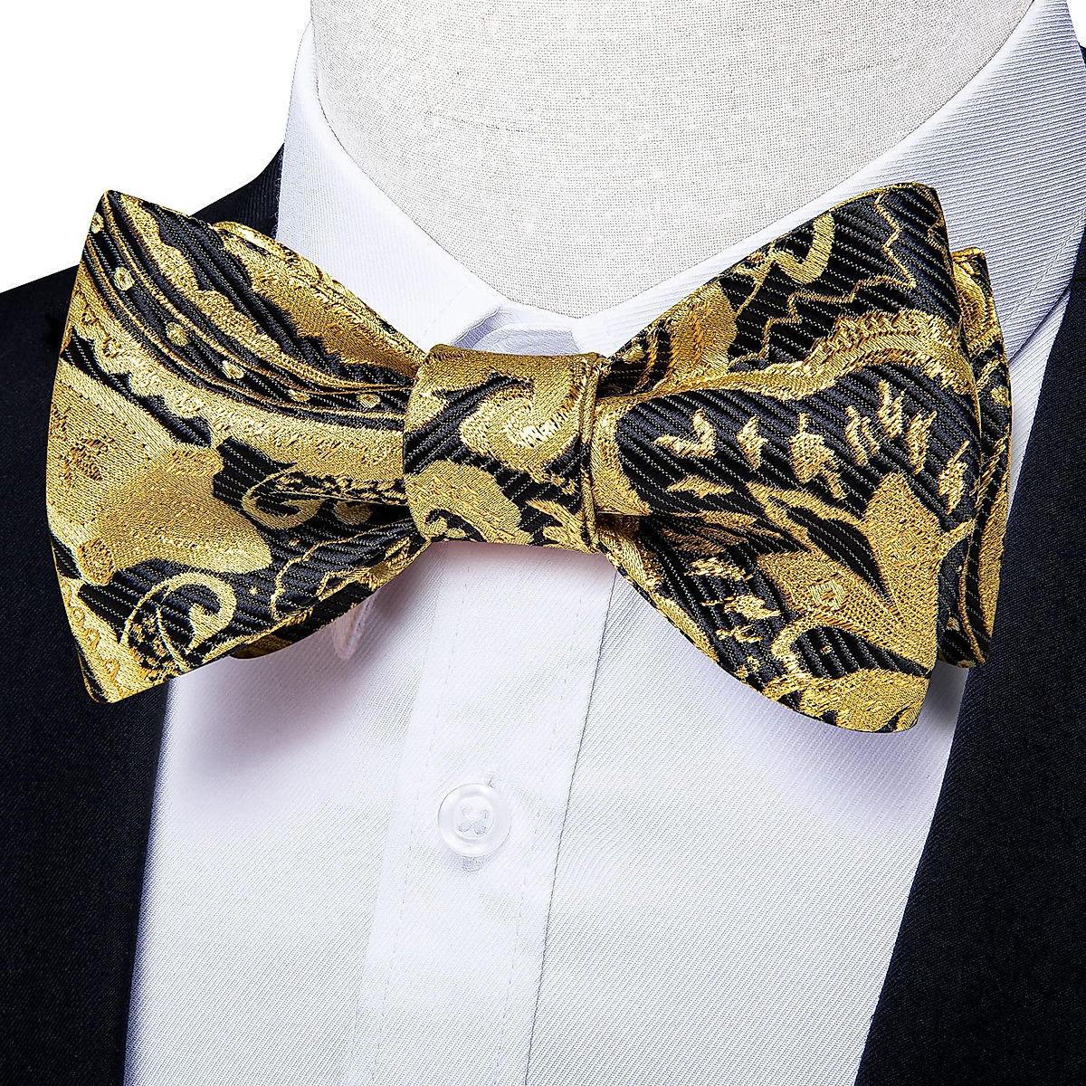 DiBanGu Mens Silk Self Bow Ties,Woven Solid Striped Paisley Bowtie and Pocket Square Cufflinks Set for Men Tuxedo Wedding, Gold Black
