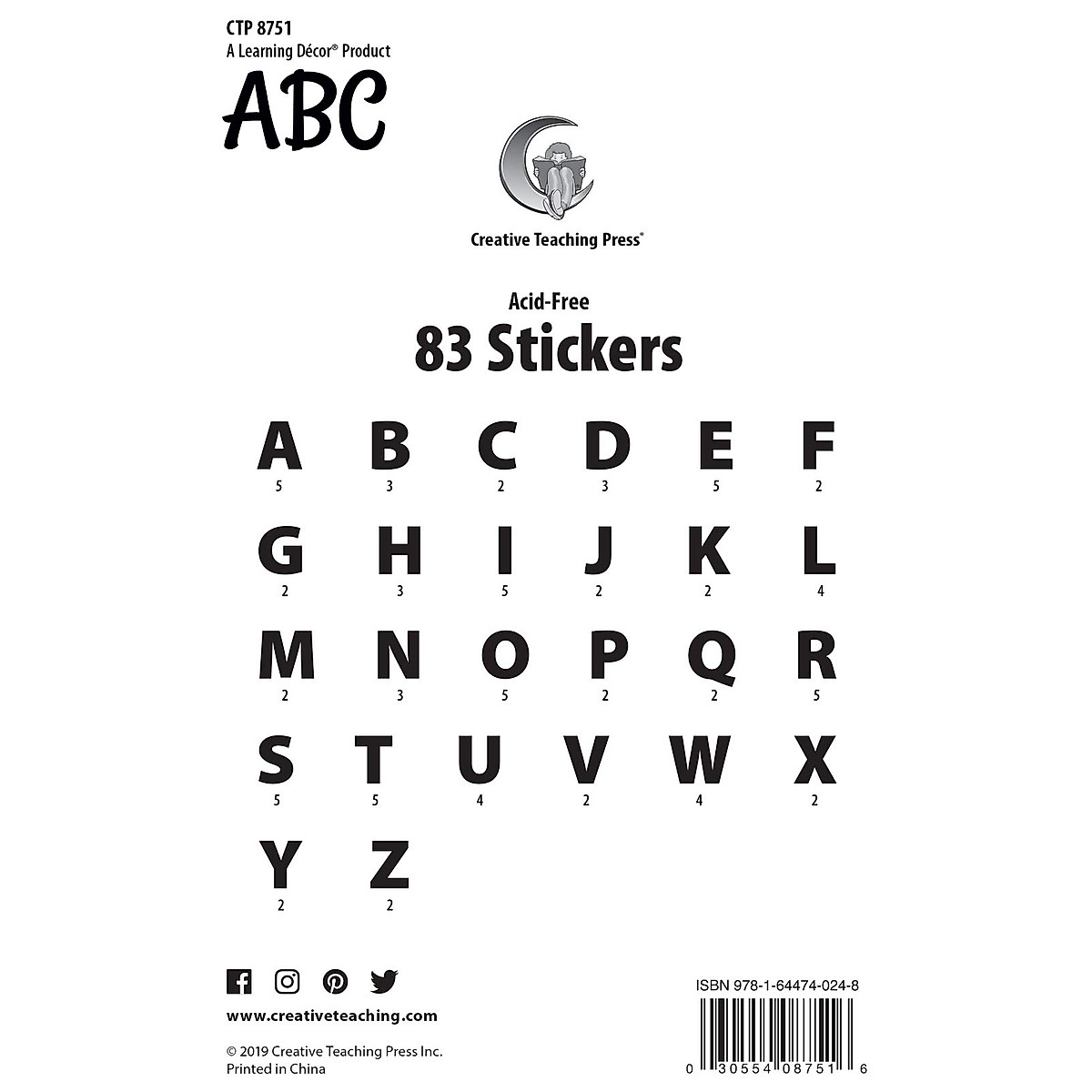 Creative Teaching Press Stylish Black 2&quot; Uppercase Letter Stickers (8751)