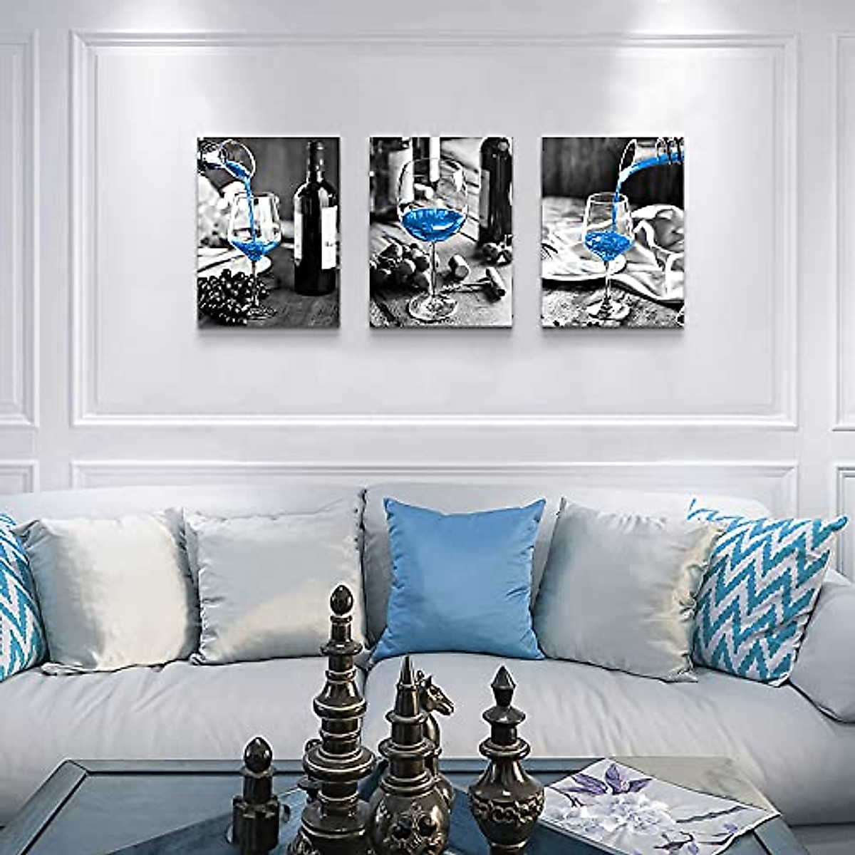 Canvas Wall Art For Kitchen Wall Decor For Dining Room Black And White Wine Glasses Painting Modern Blue Wine Canvas Art Prints Ready To Hang Pictures For Restaurant Home Decorations 12"X16" 3 Pieces