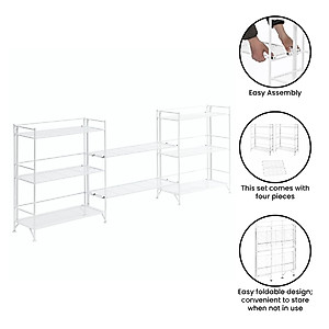 Convenience Concepts Xtra Storage 3 Tier Wide Folding Metal Shelves with Set of 2 Deluxe Extension Shelves - Organizer for Living Room, Office, Bedroom, Garage, Kitchen, Bathroom, White