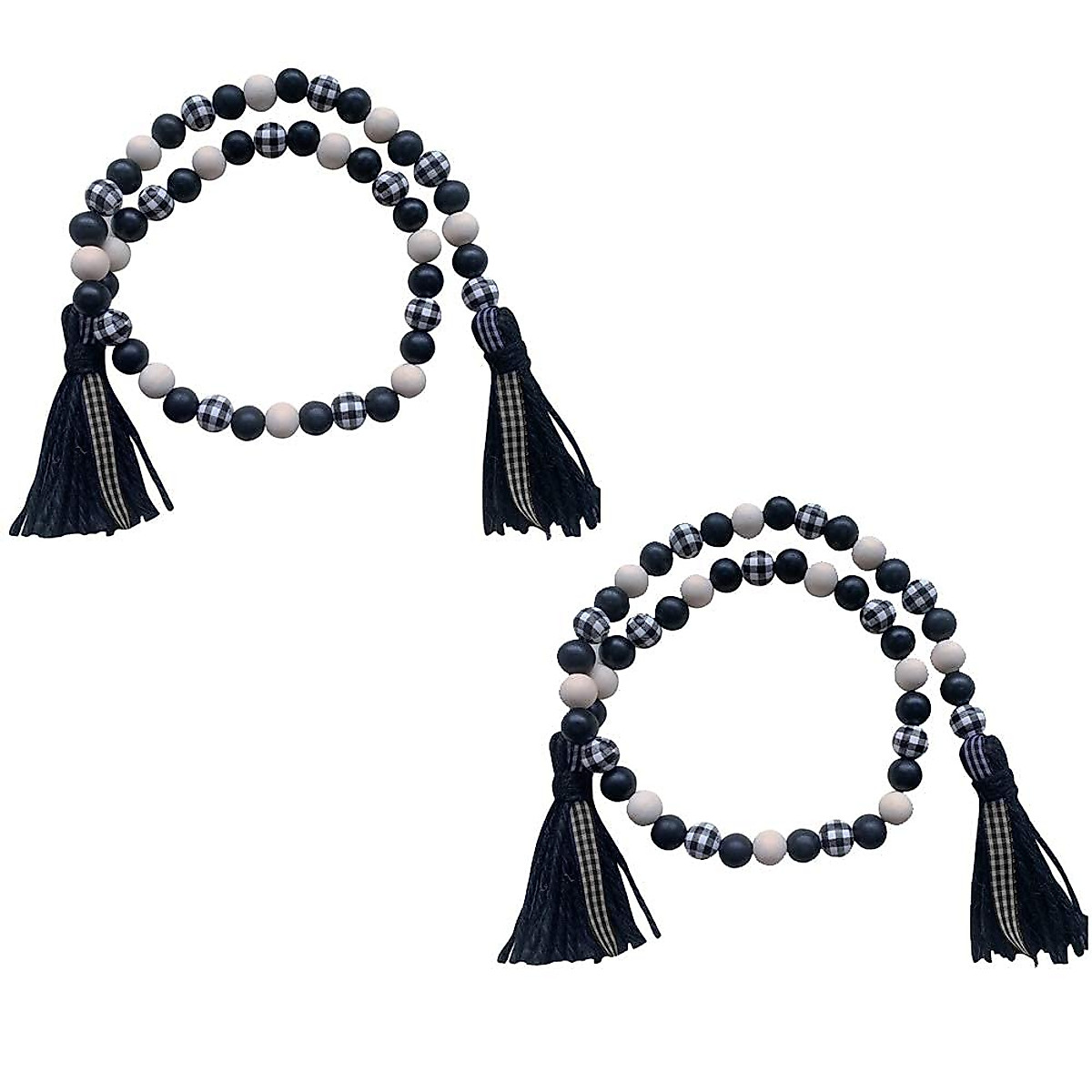 36 inch Wood Bead Garland with Jute Rope Plaid Tassel Tiered Tray Decoration Farmhouse Rustic Beads Natural Wood Beads Decor for Home Garden Holiday Party Hanging Ornament Black