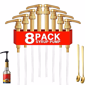 DupakSYS Premium 8 Packs Coffee Syrup Pump Dispenser, Fits 25.4 Oz/750ml Coffee Flavoring Syrup Bottles, No Dripping, Great for Home & Coffee Bar Drinking Mixes, Tea, Beverage, Cocktails, Free Spoons (Gold)