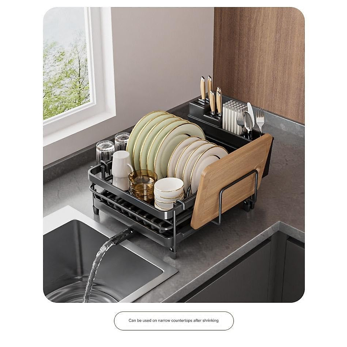 Taqargzy Dish Drying Rack Large Dish Drying Rack with Drainboard Set, Extendable Dish Rack, Utensil Holder, Cup Holder, Expandable Dish Drainer for Kitchen CounterCup Holder,(Black1)