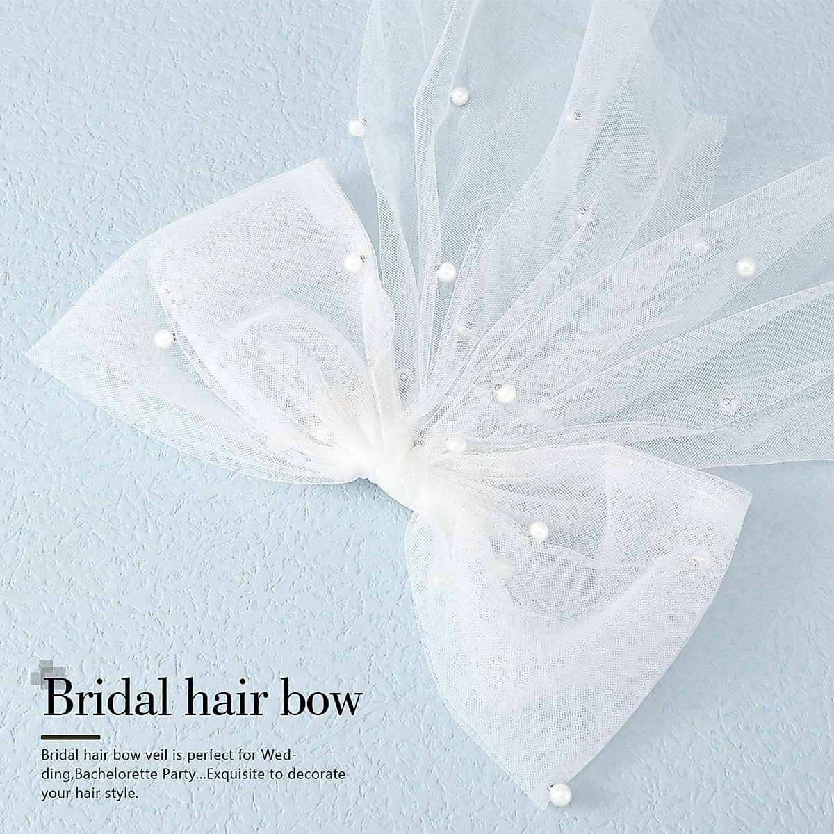 JEAIRTS Bridal Hair Bow Veil Pearl Wedding Hair Piece White Tulle Bow with Clip Bachelorette Party Hair Accessories for Women (Style 1)