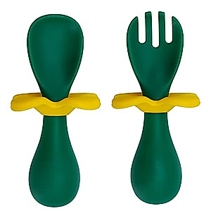 Woozle Time - Toddler Fork and Spoon - First Feeding - Training Utensils - Anti-Choke Utensils - Baby Self Feeding Spoon and Fork, Green/Yellow