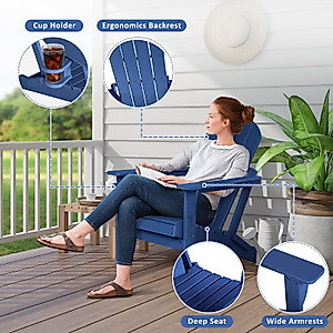 LOENIY Adirondack Chair with Cushion & Cup Holder, HDPE Folding Adirondack Chair with Wood-Like Grain Outdoor Fire Pit Chairs for Patio/Porch/Swimming Pool/Camping (Blue)