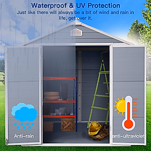 GLANZEND 8x6FT Resin Outdoor Storage Shed with Floor Foundation, Outside Garden Tool House with Side Window and Air Vent, Plastic Strong Structure for Patio Lawn, Garbage Chamber