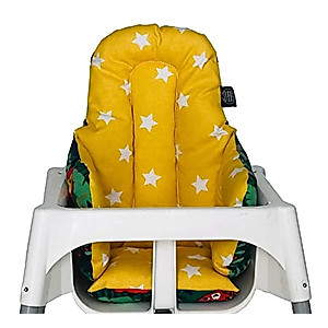 Pamuk Atölyesi High Chair Cushion, 100% Soft Cotton, Breathable, Comfortable,Double-Faced,Stainproof and Washable (Green,Yellow)