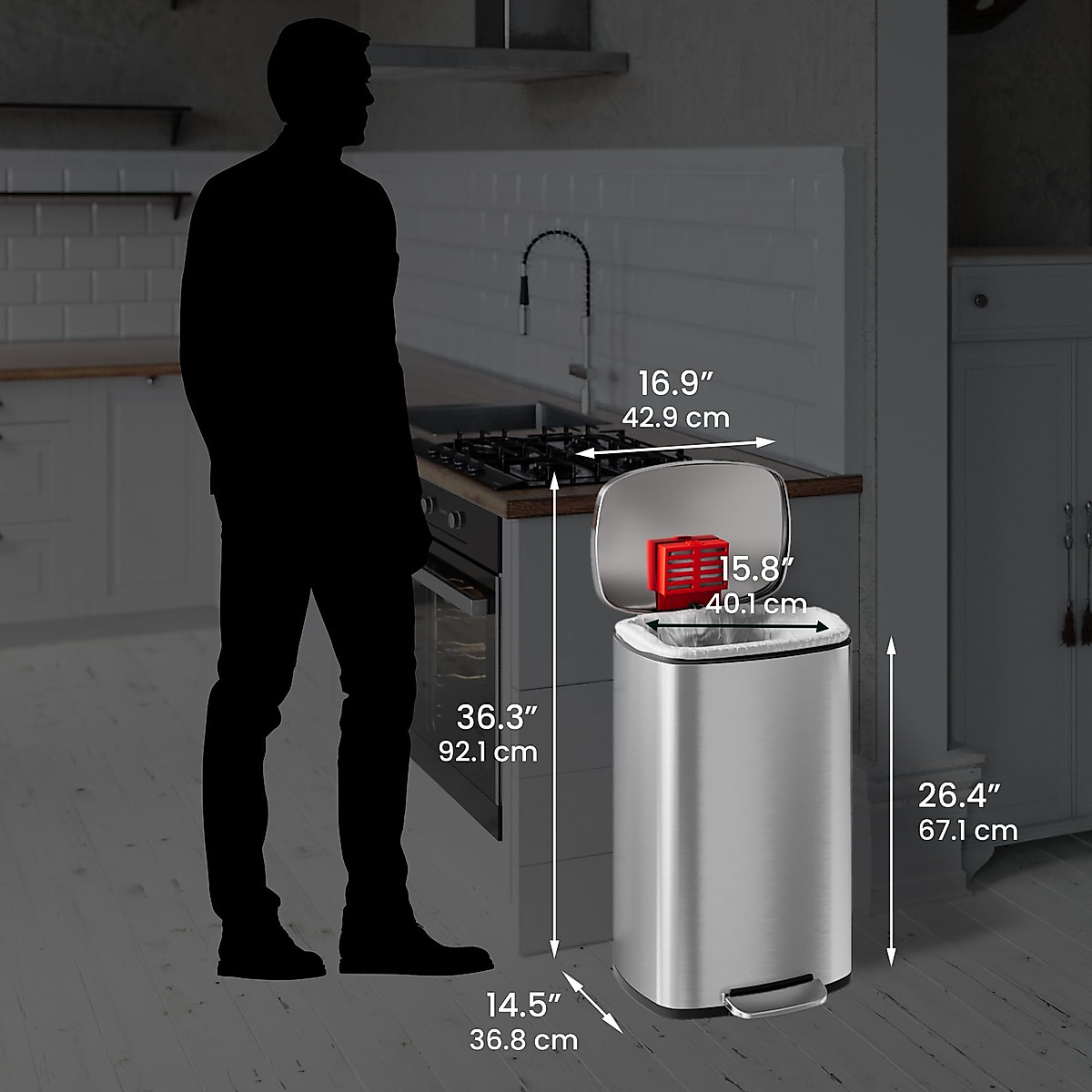 iTouchless SoftStep 13.2 Gallon Step Trash Can with Odor Filter System, Stainless Steel 50 Liter Pedal Garbage Bin for Kitchen, Home, Office, Silent and Gentle Lid Close