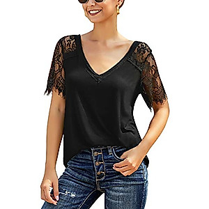 LookbookStore Women's V Neck Scalloped Lace Tee Tops Short Sleeve T Shirt Casual Summer Tops for Women 2024 Black T Shirts for Women Blace Lace Tops Casual Comy Short Sleeve Shirts Size M Size 8 10