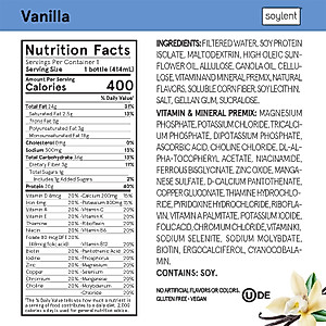Soylent Vanilla Meal Replacement Shake, Ready-to-Drink Plant Based Protein Drink, Contains 20g Complete Vegan Protein and 1g Sugar, 14oz, 12 Pack