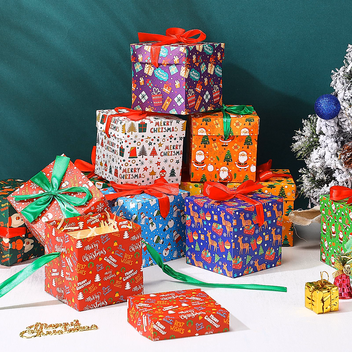 Cholemy 60 Pieces Christmas Gift Boxes with Lids Small Squared Boxes with Ribbon Xmas 4x4x4 Boxes Holiday Bow Box Gift Wrap Boxes for Christmas Party Favor Present, 12 Designs(Classic Style)