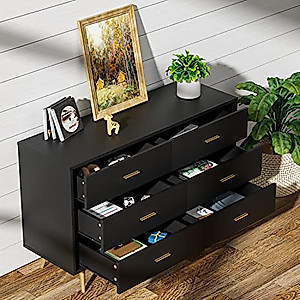 LYNSOM Black Dresser, Modern 6 Drawer Dresser for Bedroom with Wide Drawers and Metal Handles, Wood Storage Chest of Drawers for Living Room Hallway Entryway