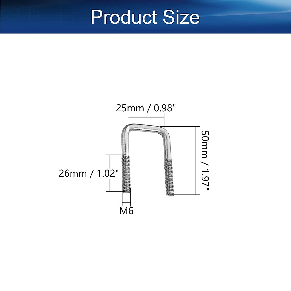 Yinpecly 4Pack Square U-Bolts 1"(25mm) Inner Width 304 Stainless Steel U-Bolts M6 with Washers and Nuts for Automobiles Trailer, Ski Boat, or Sailboat Trailer, M6x25x50mm