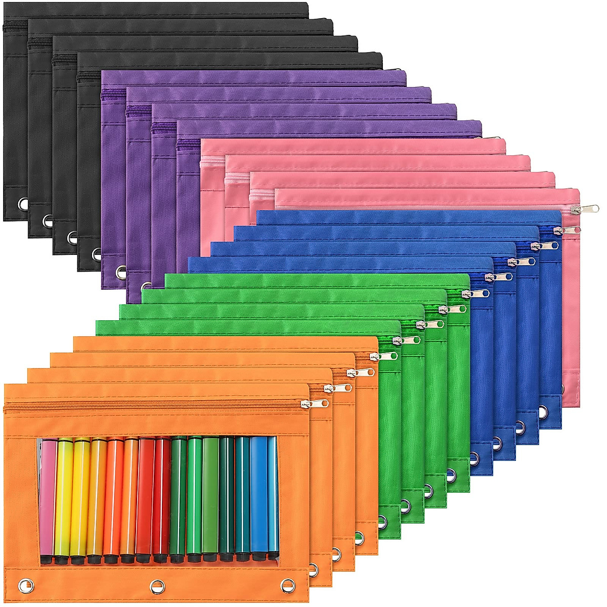 Marspark 48 Pieces 3 Ring Pencil Pouch Bag Bulk Zipper Pouches for 3 Ring Binder with Clear Window for Pencil Cases Office Supplies(Multicolor)